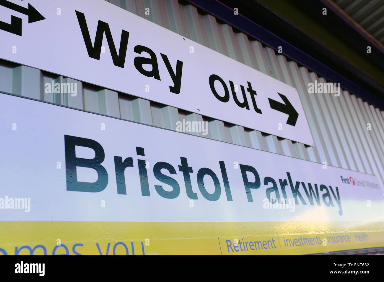 An exit sign on one of the platforms of the Bristol Parkway train ...