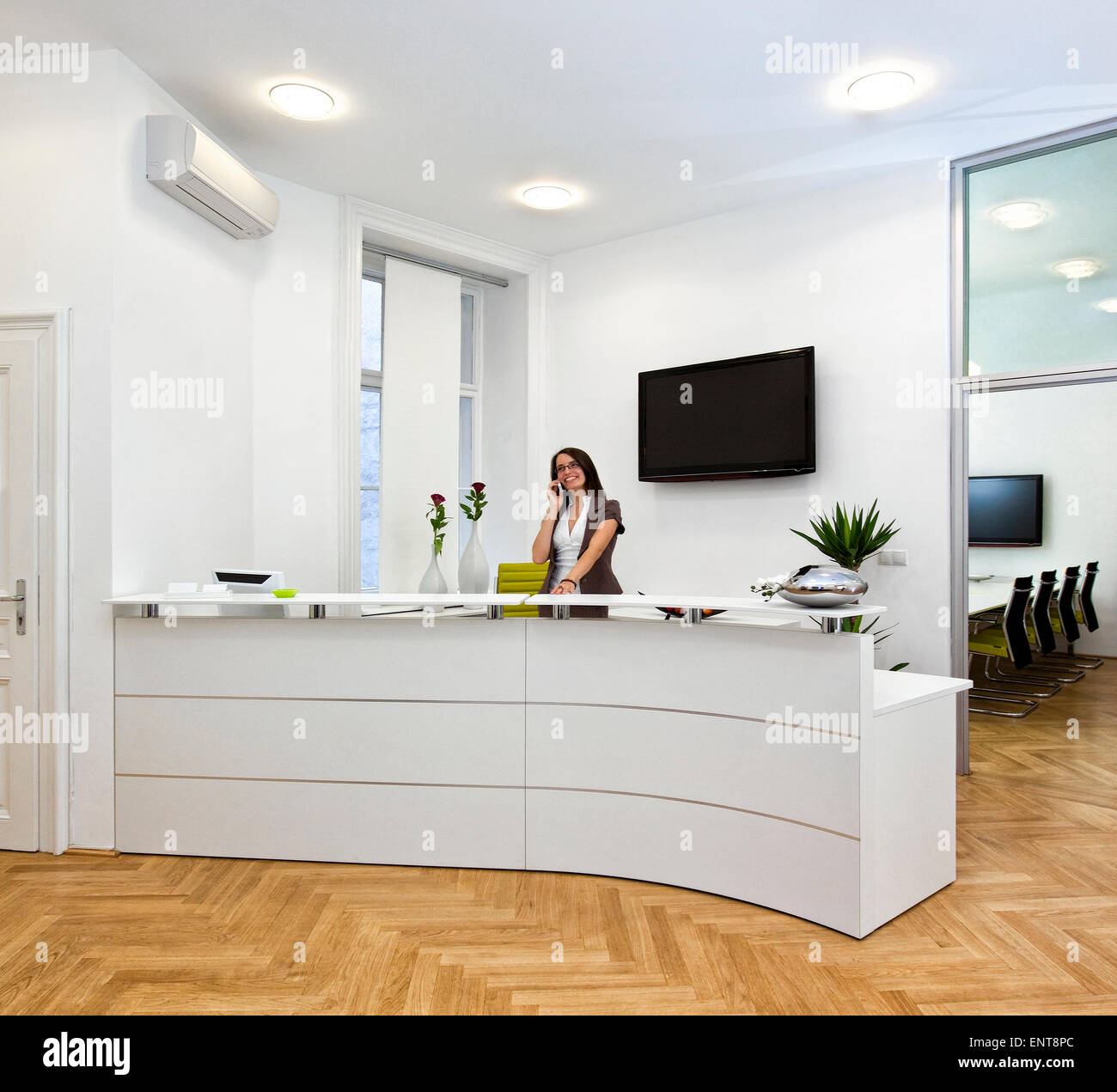 Cheerful front desk lady doing her job with passion. The black space on ...