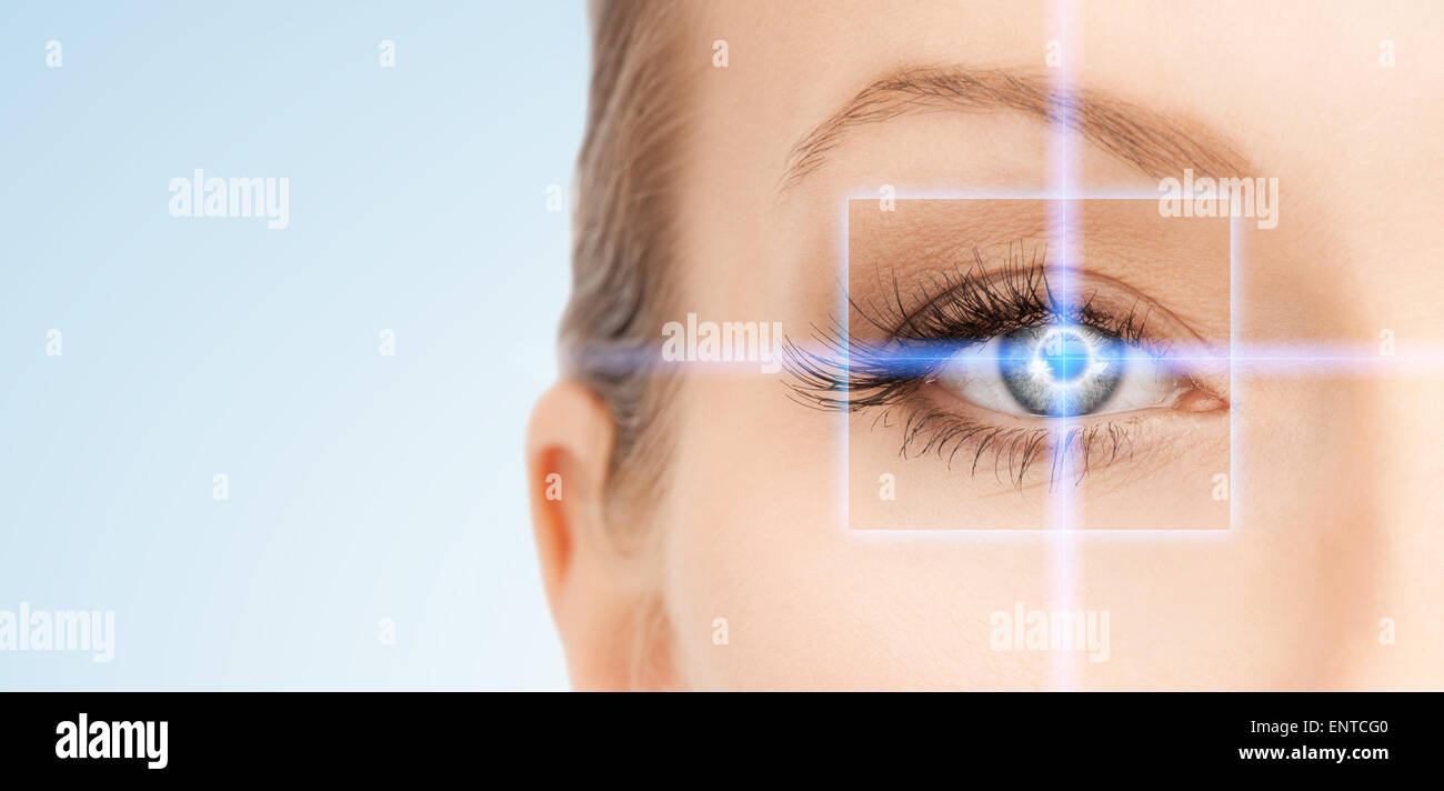 beautiful woman pointing to eye Stock Photo - Alamy