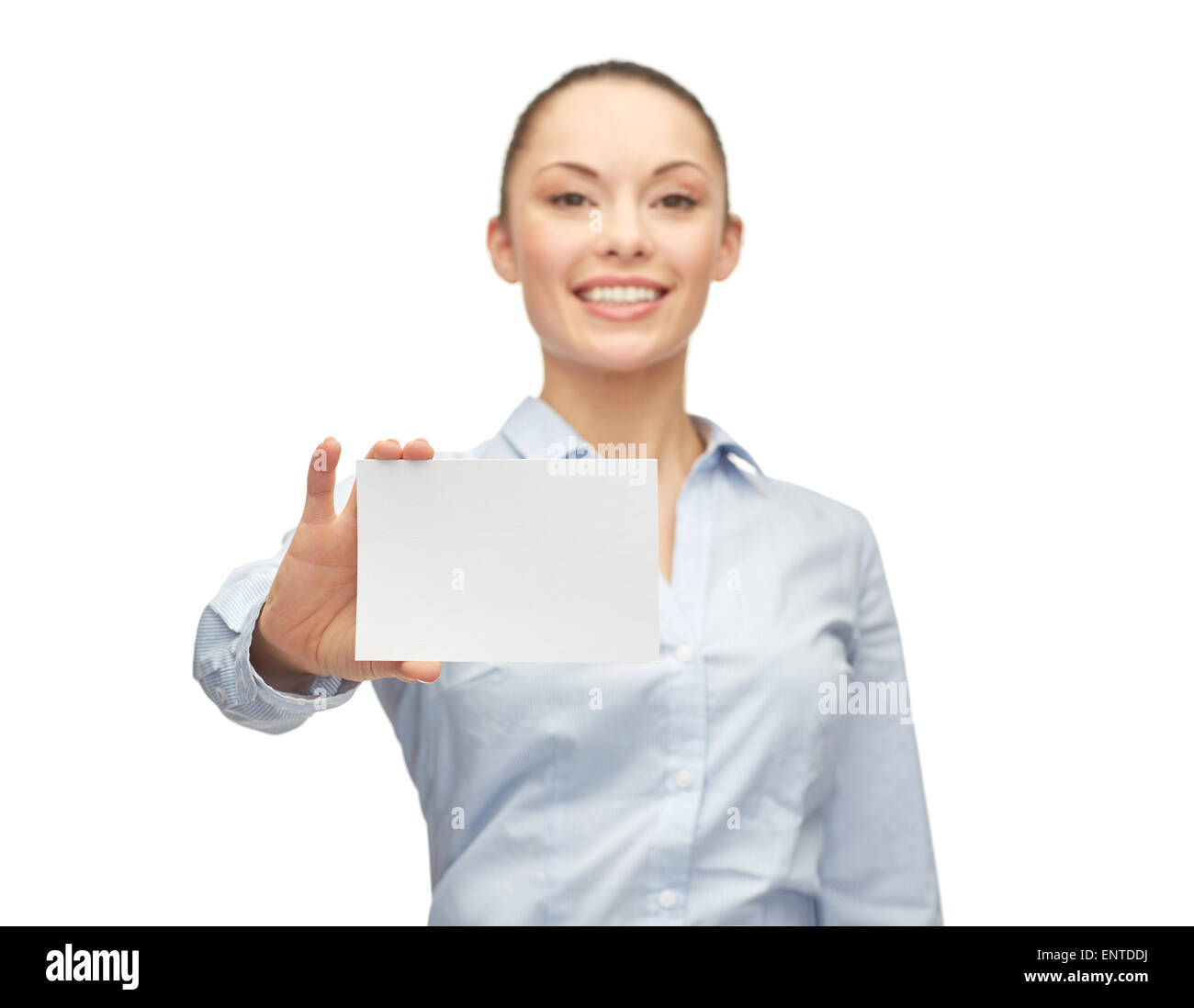 smiling businesswoman showing white blank card Stock Photo - Alamy