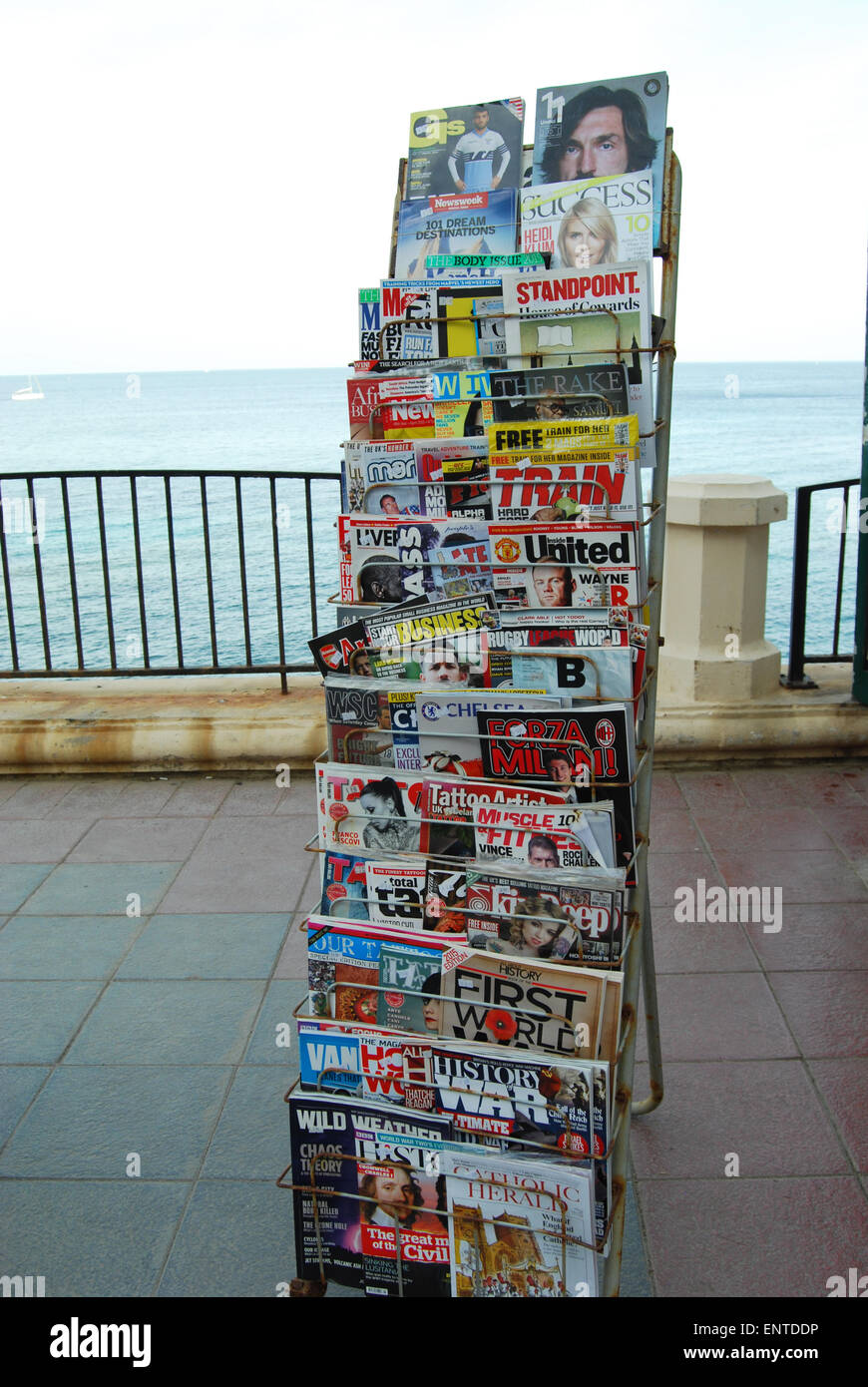 shop display with British magazines at Maltese stationary shop Stock ...