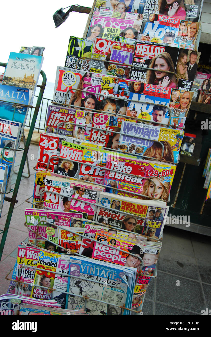 shop display with British magazines at Maltese stationary shop Stock ...