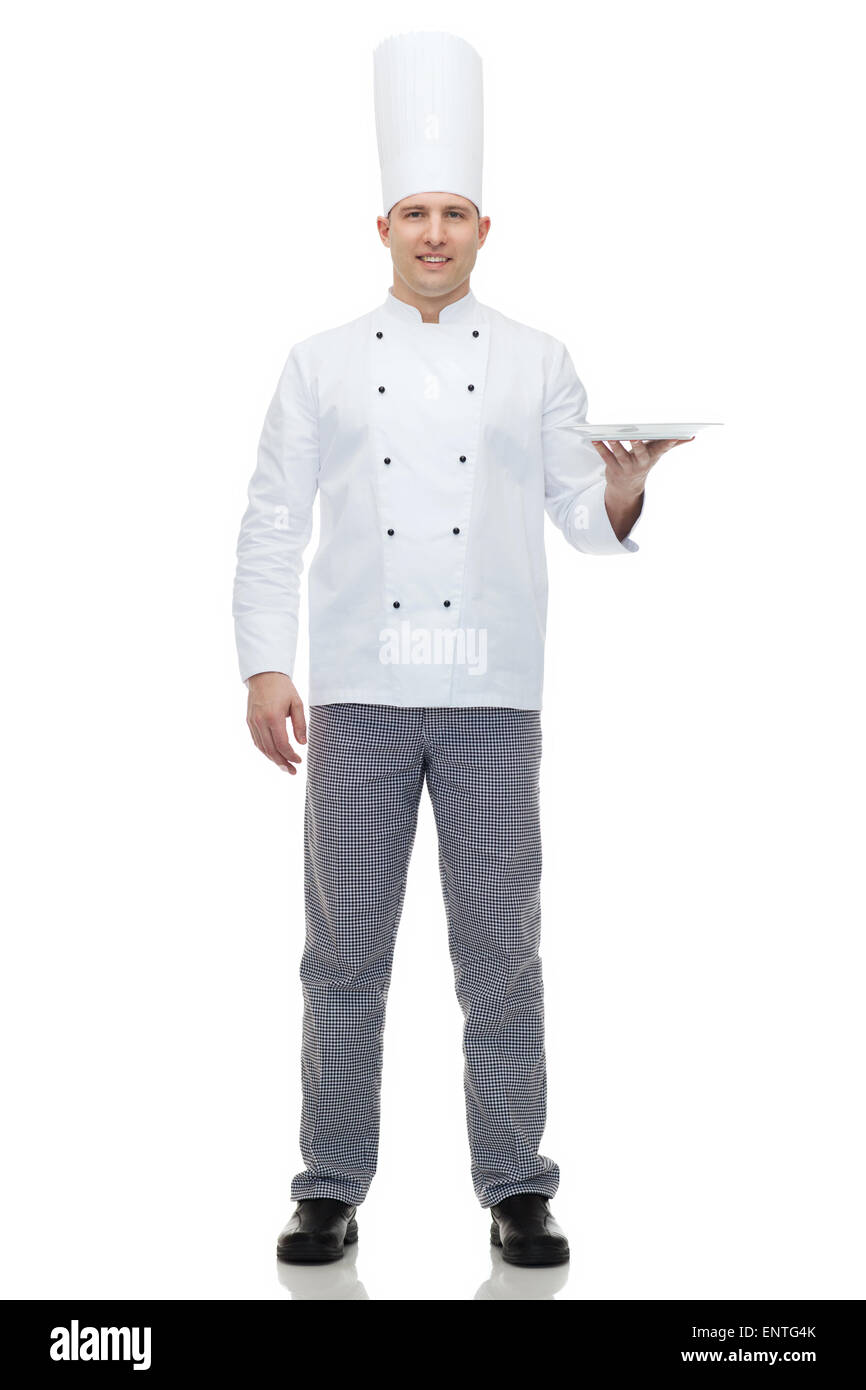 happy male chef cook showing empty plate Stock Photo - Alamy