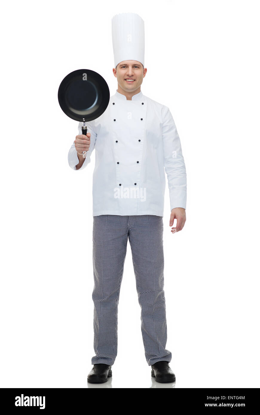 happy male chef cook holding frying pan Stock Photo - Alamy