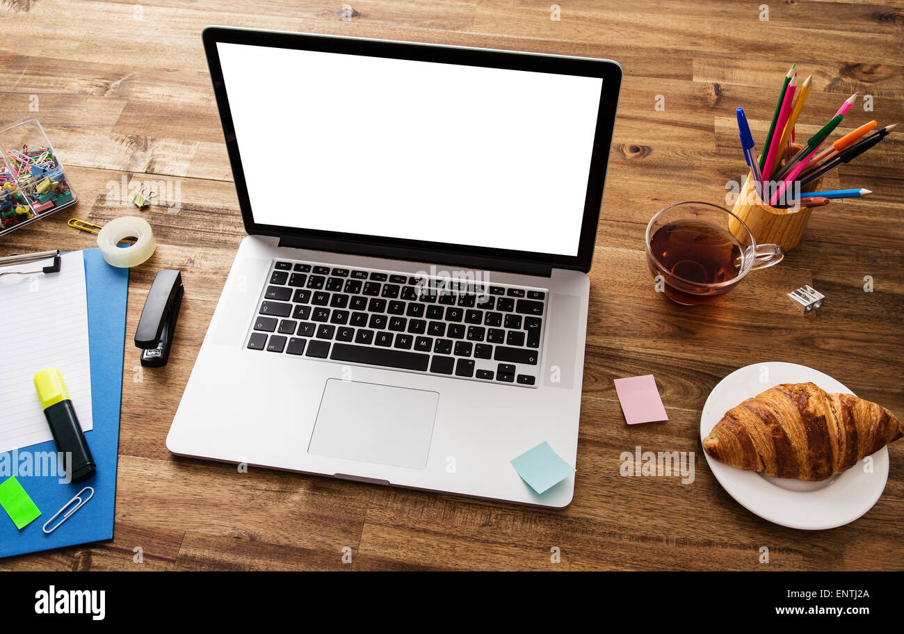 Workplace with notebook, office supplies and wooden desk Stock Photo ...