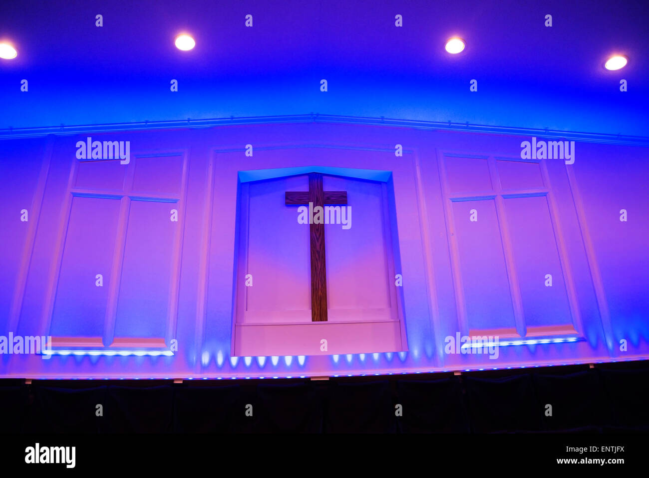 Church cross with colored lights inside a Southern Baptist Church in ...