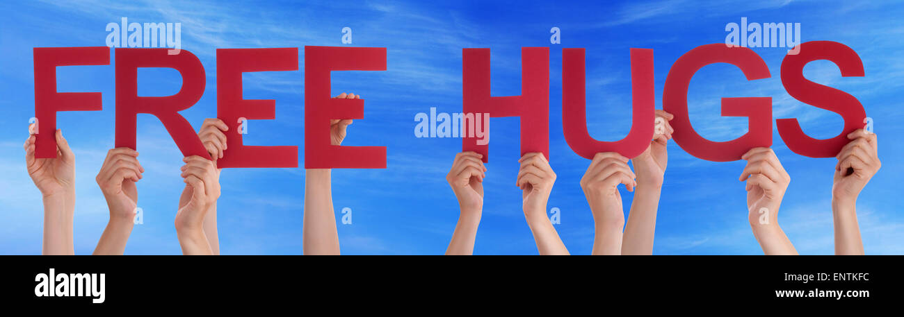 Hands Hold Red Straight Word Free Hugs Blue Sky Stock Photo - Alamy