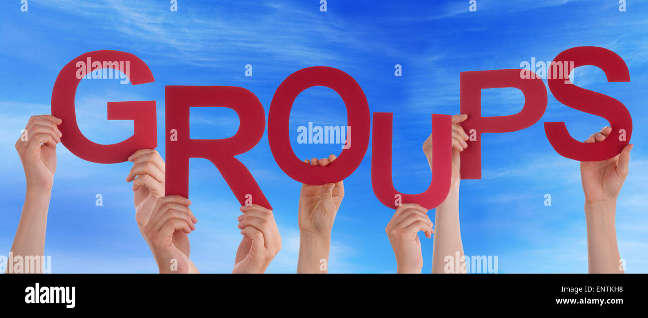 Many People Hands Holding Red Word Groups Blue Sky Stock Photo - Alamy