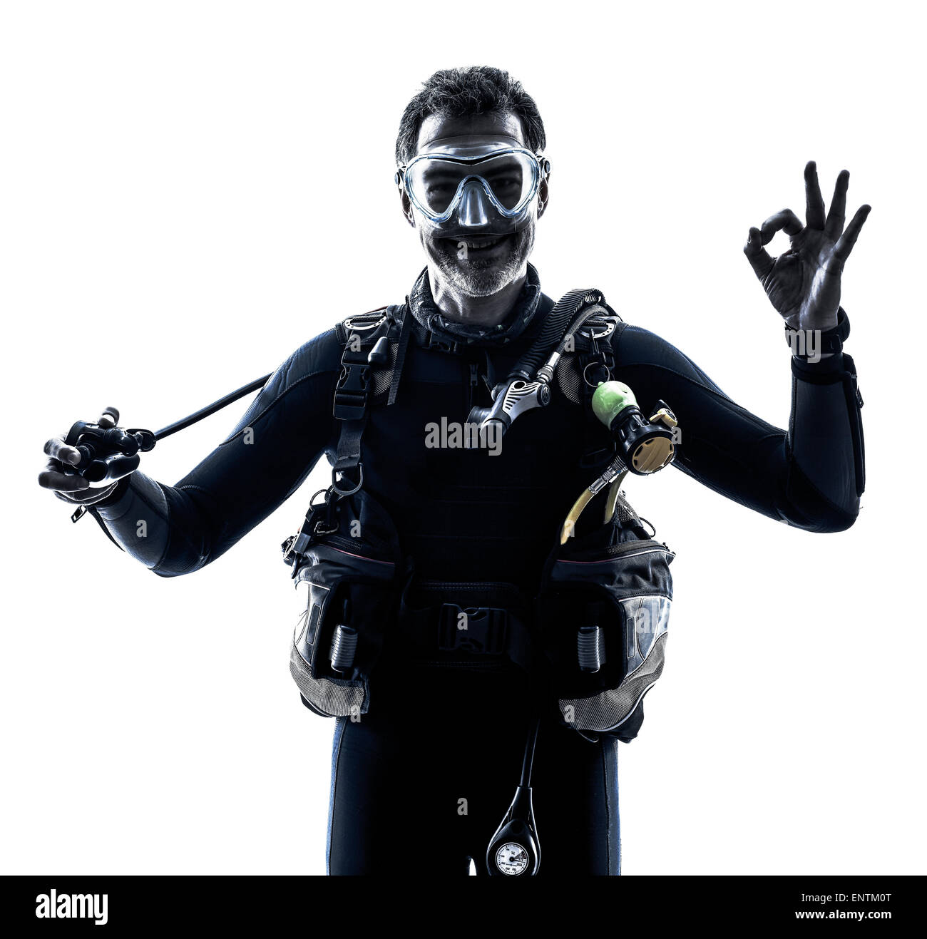 one caucasian scuba diver diving man in studio silhouette isolated on ...