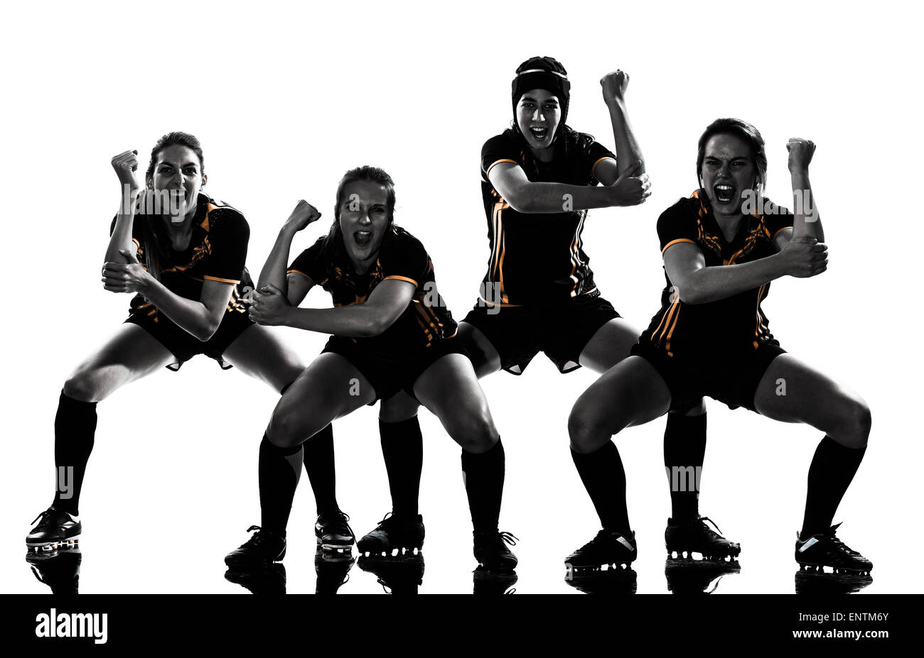 rugby women players team celebration in silhouette isolated on white ...