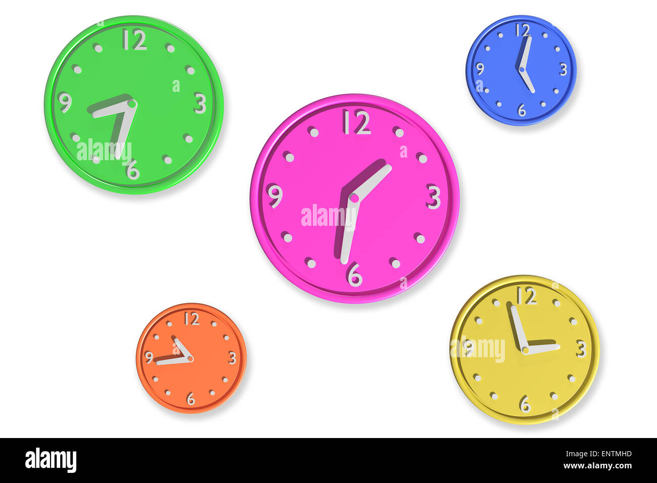 3d rendering of a composition with a lot of colored clocks Stock Photo ...