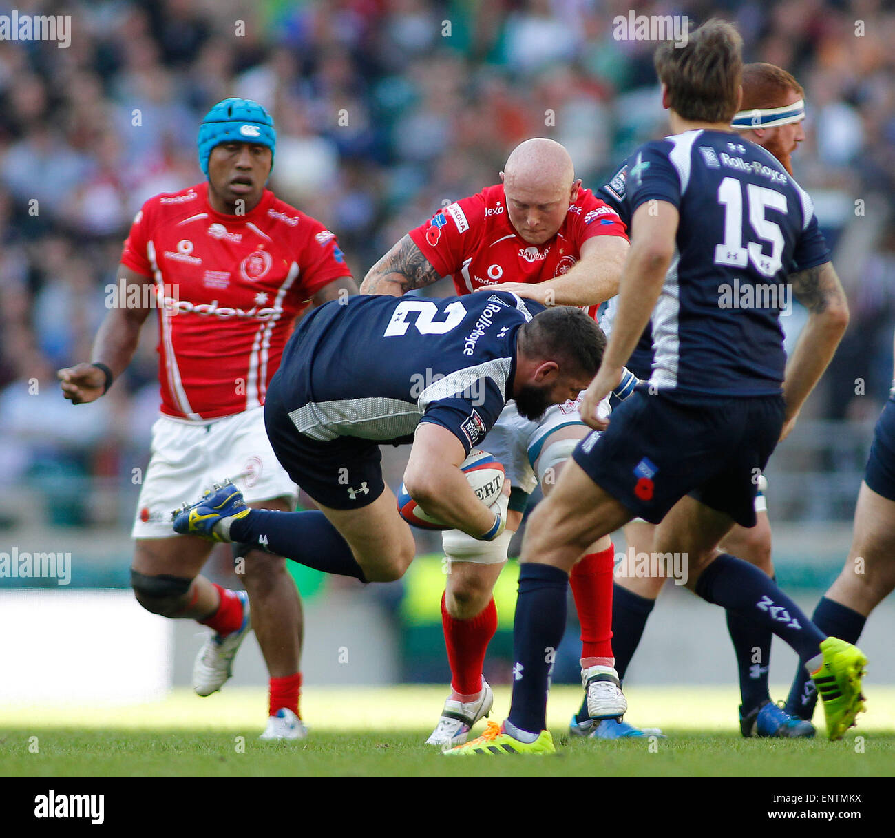 TWICKENHAM, ENGLAND - MAY 09: Ben Priddey of The Royal Navy is tackled ...