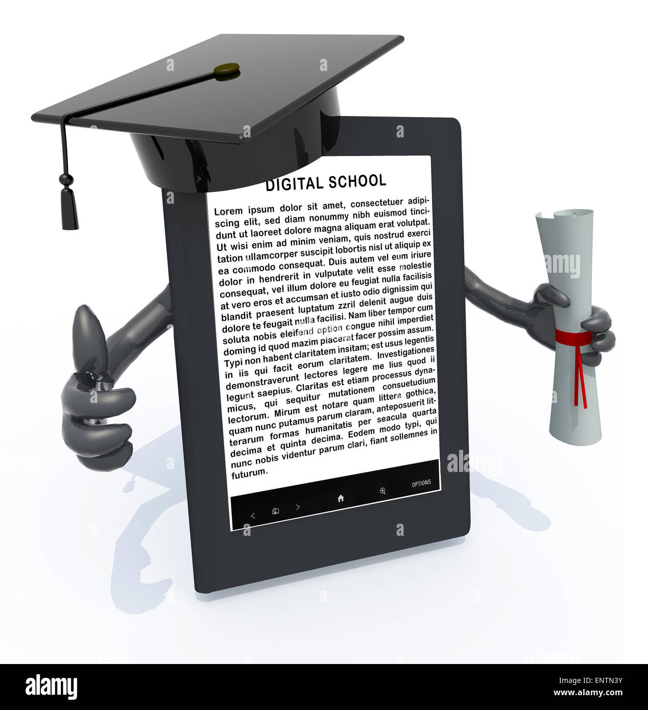 ebook reader with arms, Graduation Cap and Diploma, 3d illustration ...