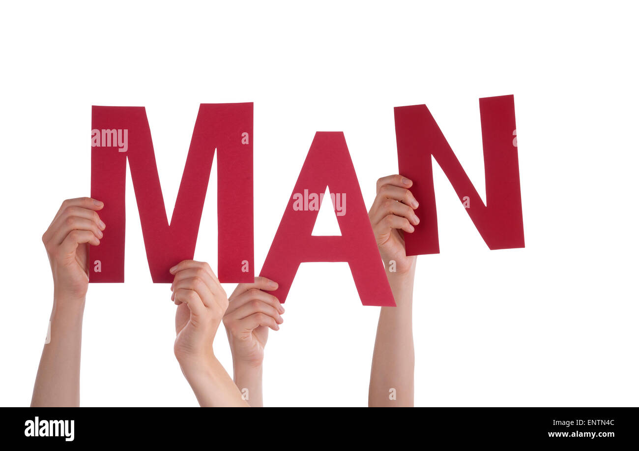 Many People Hands Holding Red Word Man Stock Photo - Alamy