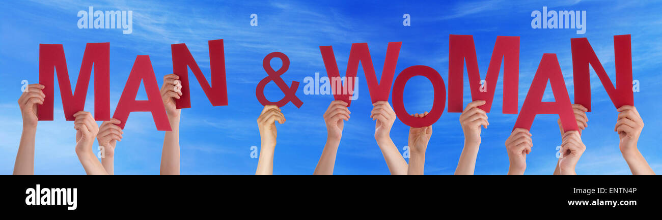 Hands Holding Red Word Man And Woman Blue Sky Stock Photo - Alamy