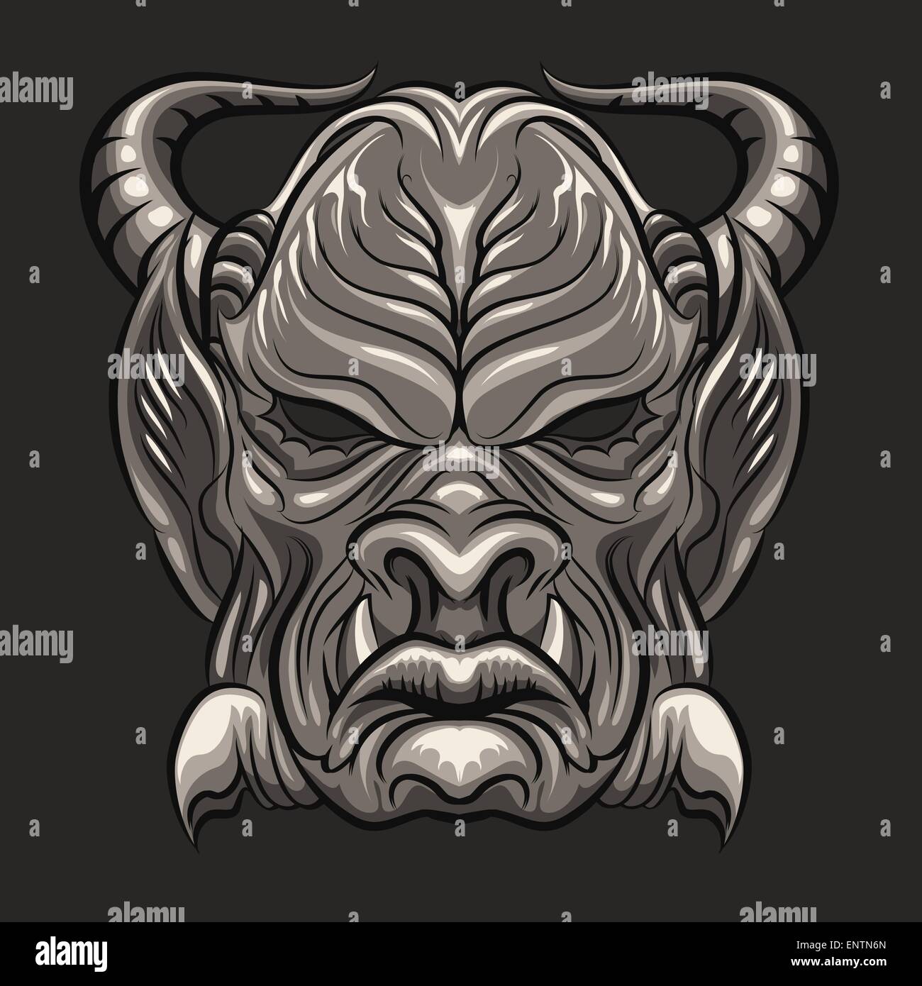 Ancient ritual mask of demon. No gradient used. Isolated on dark gray ...