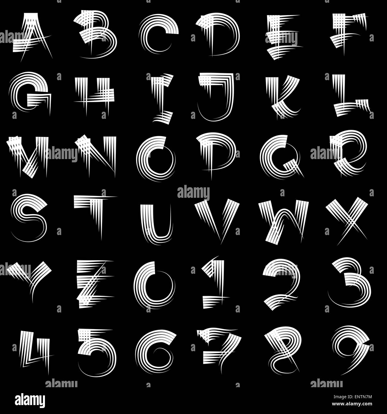 Hand draw alphabet and numbers. Isolated on black background Stock ...