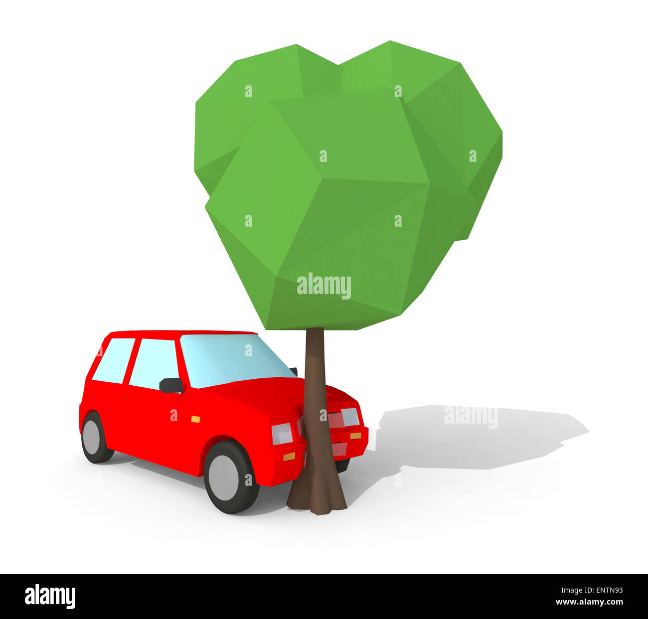 red car crash with a big tree, low poly 3d illustration isolated on ...