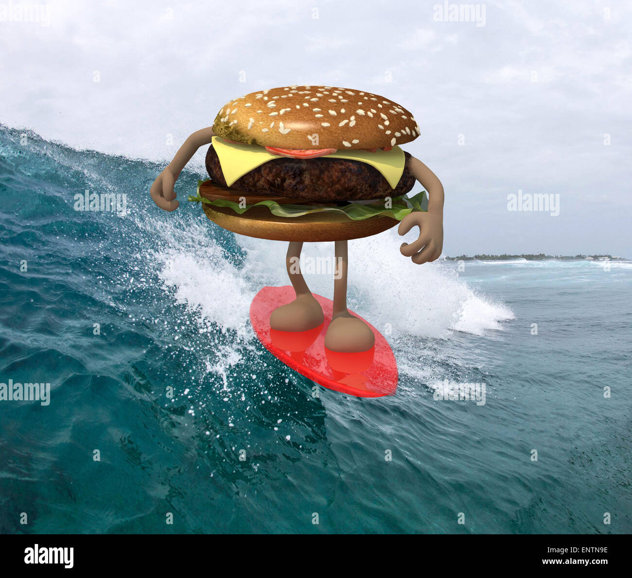 hamburger with arms and legs that surfing on the sea, 3d illustration ...