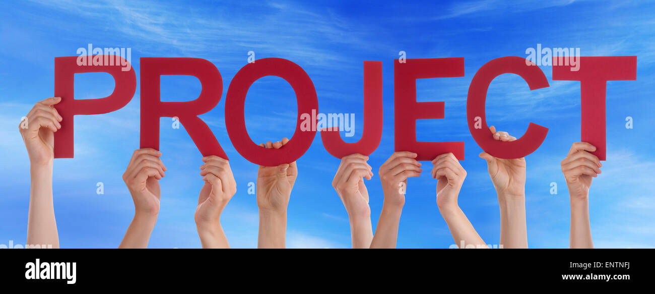 Hands Holding Red Straight Word Project Blue Sky Stock Photo - Alamy