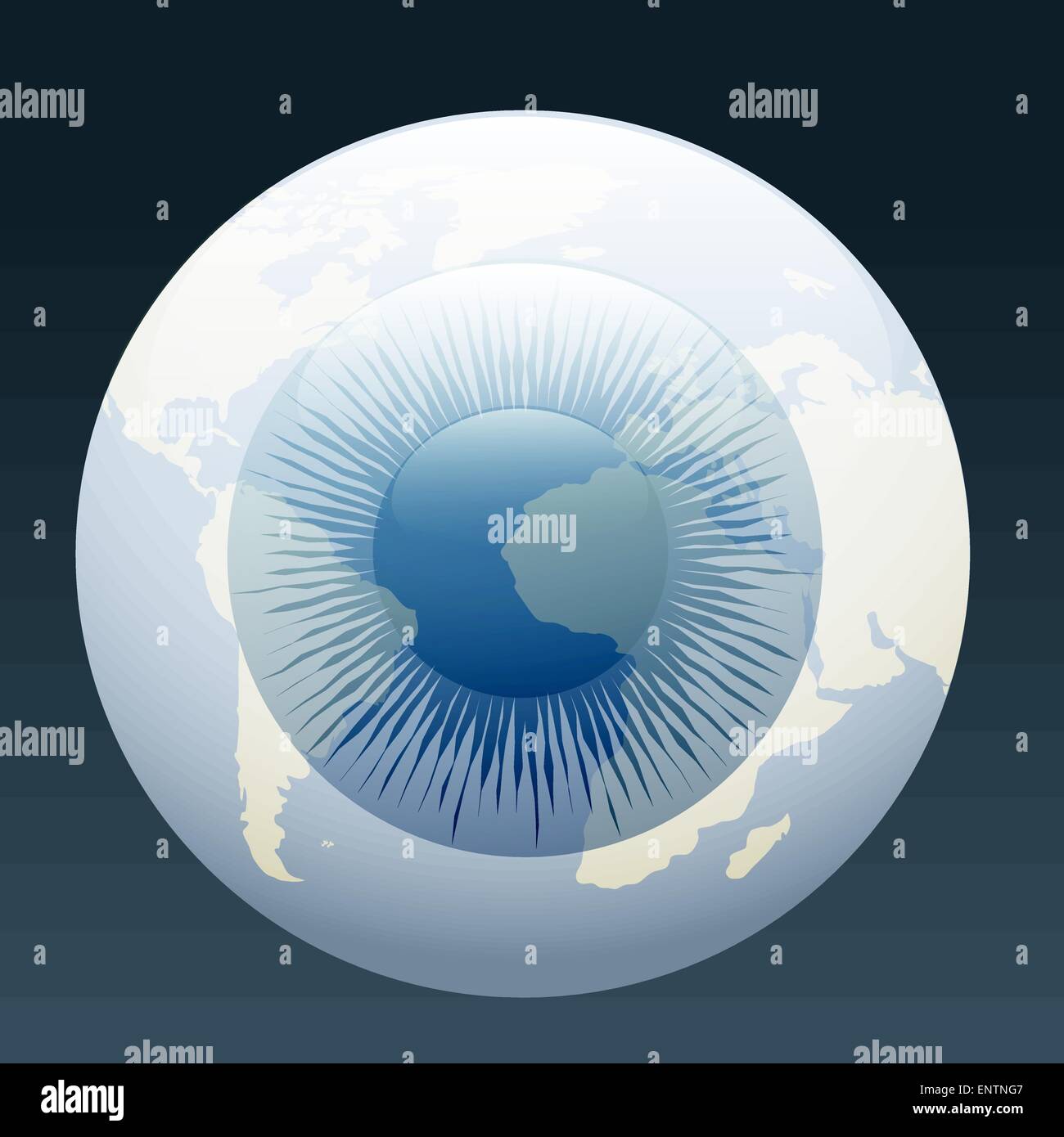 A vector illustration of human eyeball with world geographic contours ...