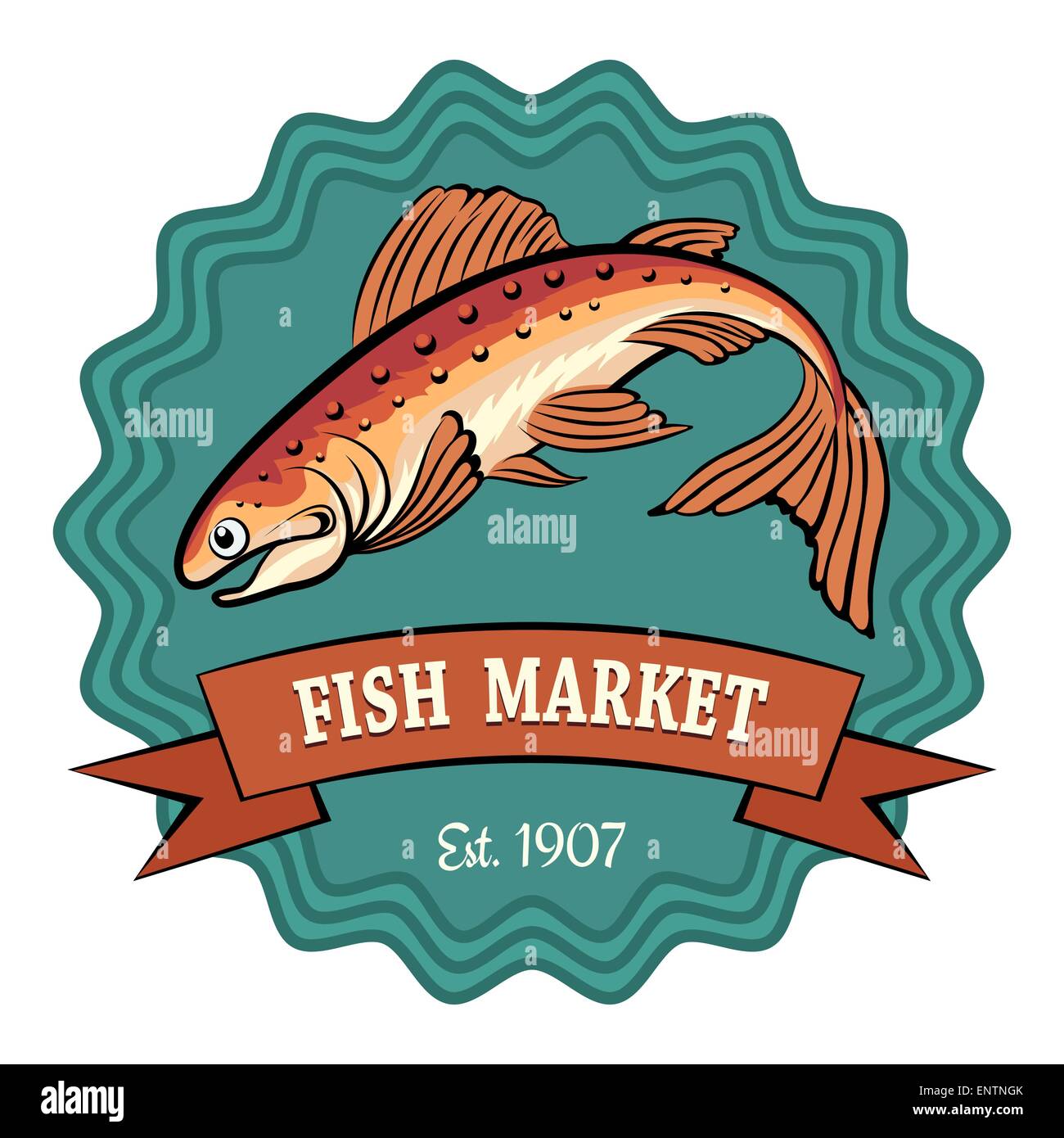 Fish market badge or emblem. No gradient used. Isolated on white ...