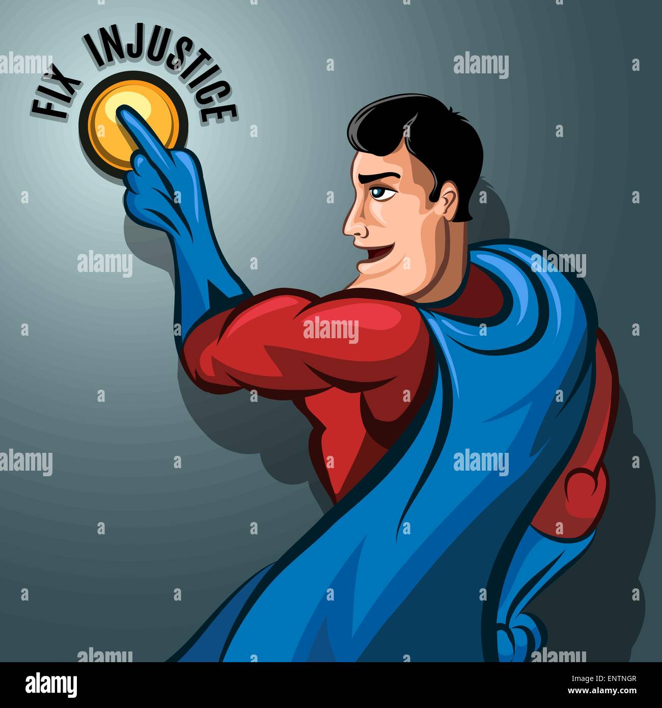 Humorous illustration of Superhero pushing the Justice button Stock ...