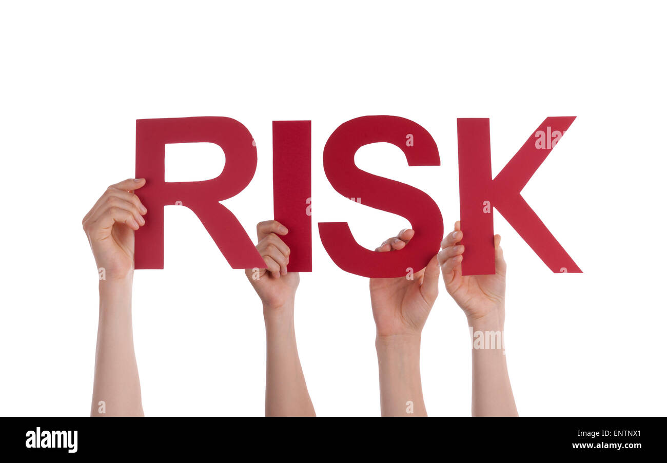 Many People Hands Holding Red Straight Word Risk Stock Photo - Alamy