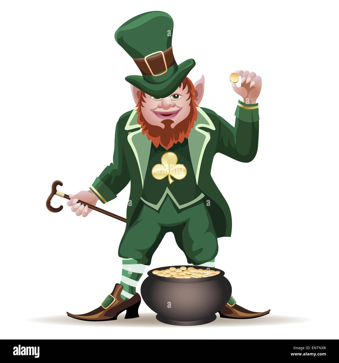 Illustration of smiling leprechaun with a cauldron full of golden coins ...