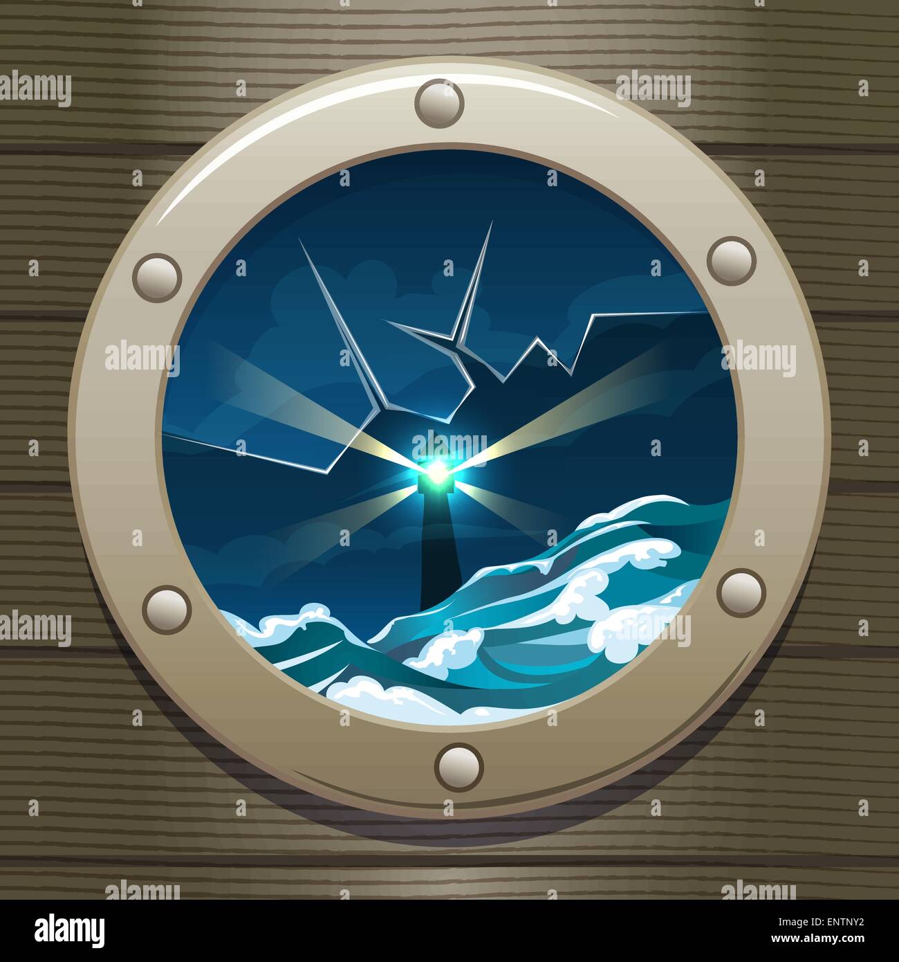 Illustration of the lighthouse in stormy sea through ship window Stock ...