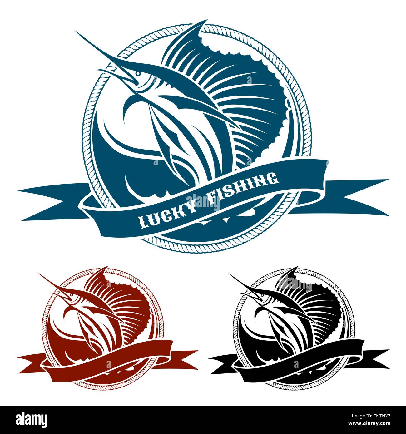 Retro nautical label with jumping sail fish drawn in three colors ...