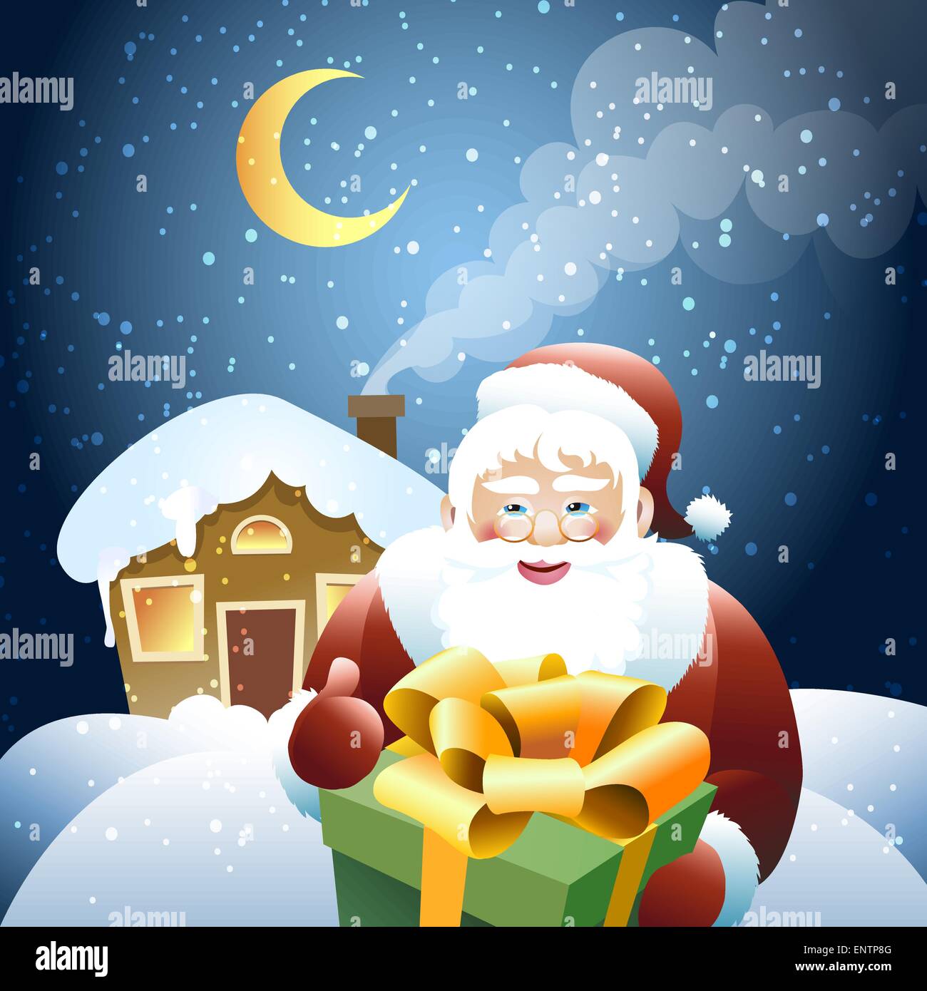vector illustration of Santa Claus with gift against his hut Stock ...