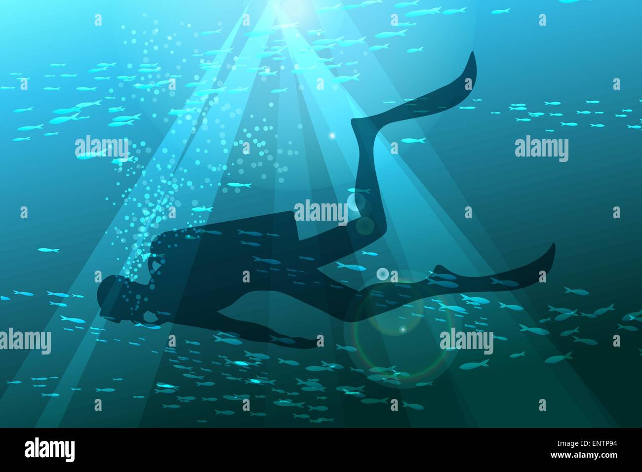 Illustration of scuba diver in deep sea against schools of fishes Stock ...