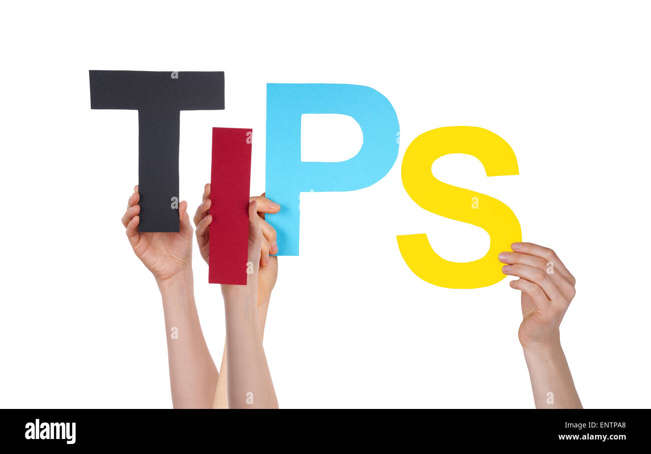 Many People Hands Holding Straight Word Tips Stock Photo - Alamy