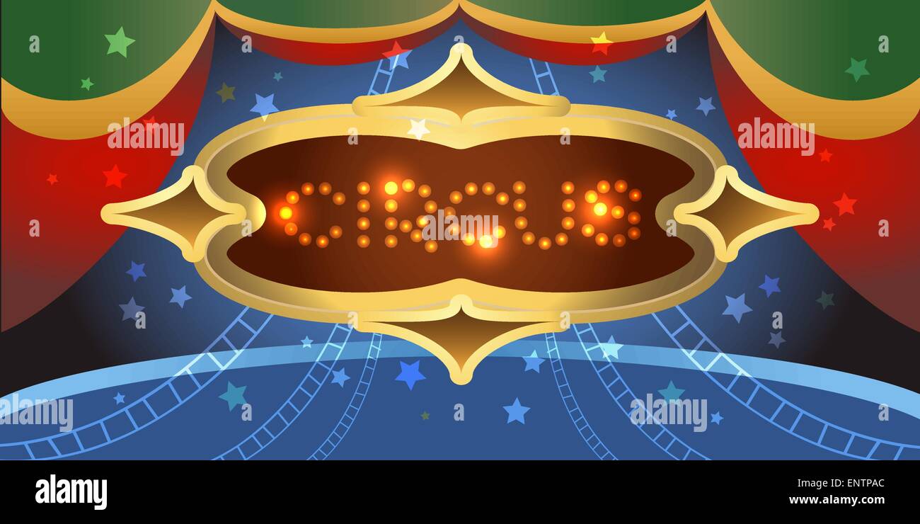 Circus board with shining lamps against stage drawn in a poster style ...