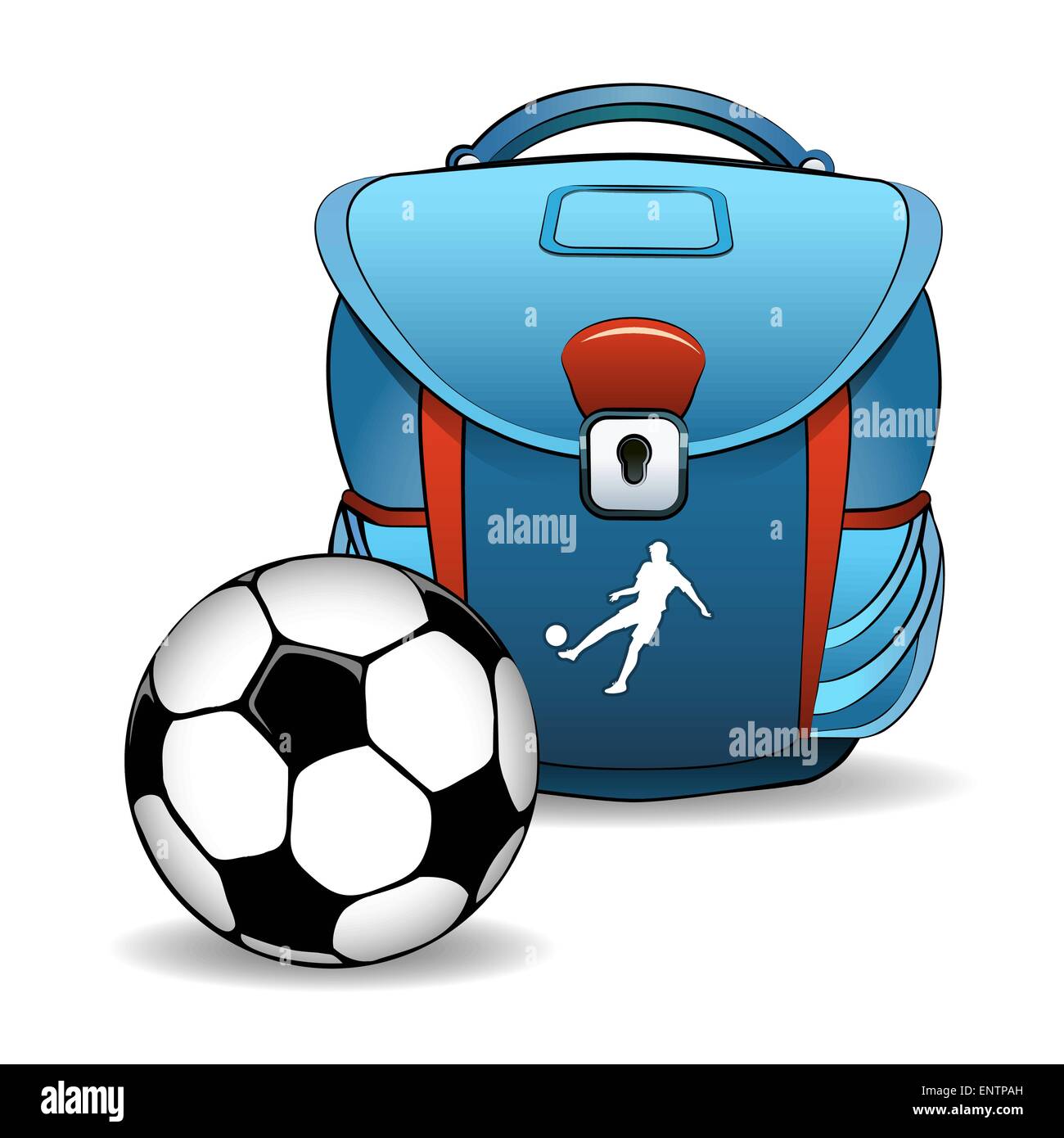 School bag and soccer ball drawn in cartoon style. Isolated on white ...