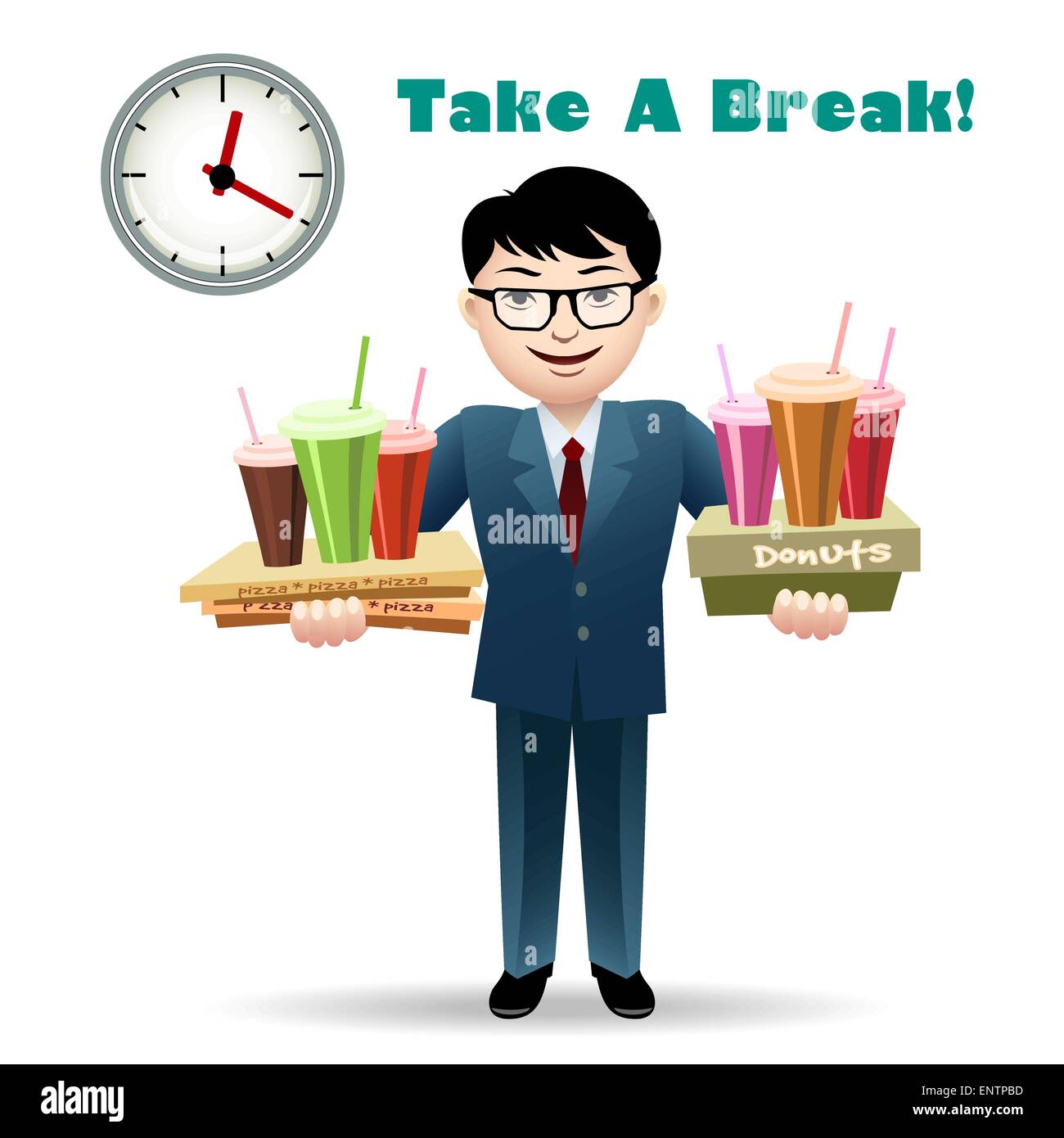 Cheerful office worker with soft drinks, coffee, donuts and pizza ...