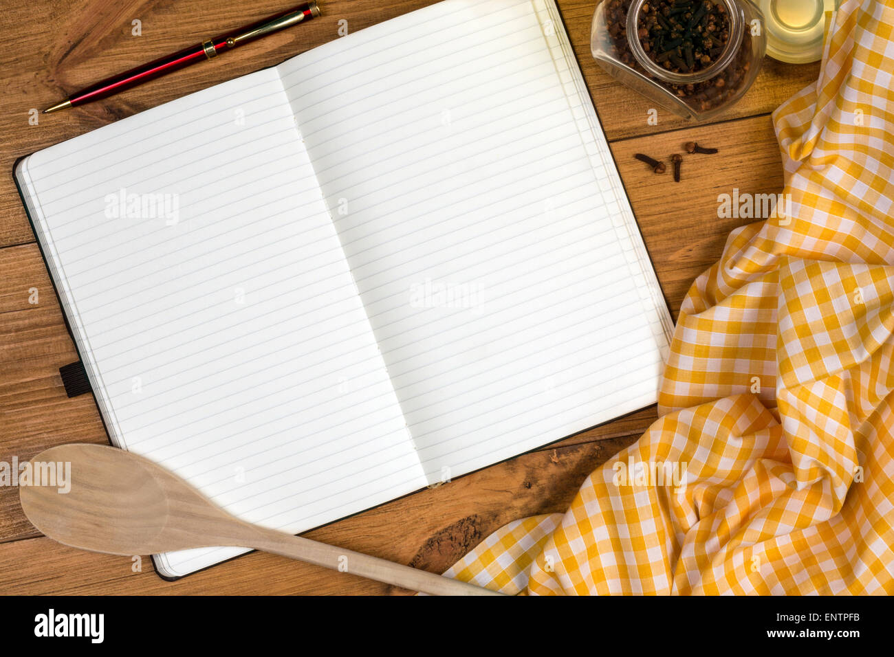 A Cooks Notebook on a farmhouse kitchen table - Space for Text Stock ...