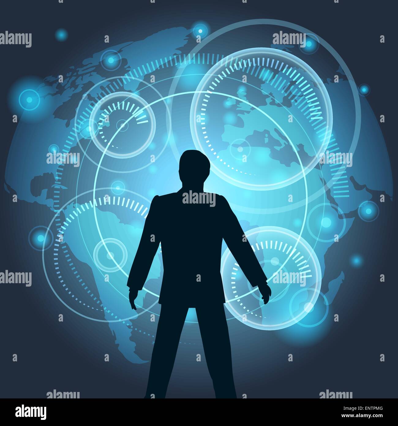 Illustration of man in process of management drawn in futuristic style ...
