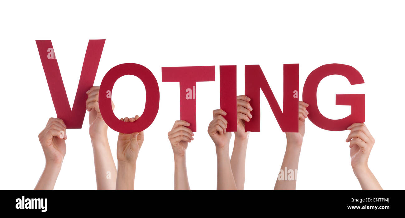 Many People Hands Holding Red Straight Word Voting Stock Photo - Alamy