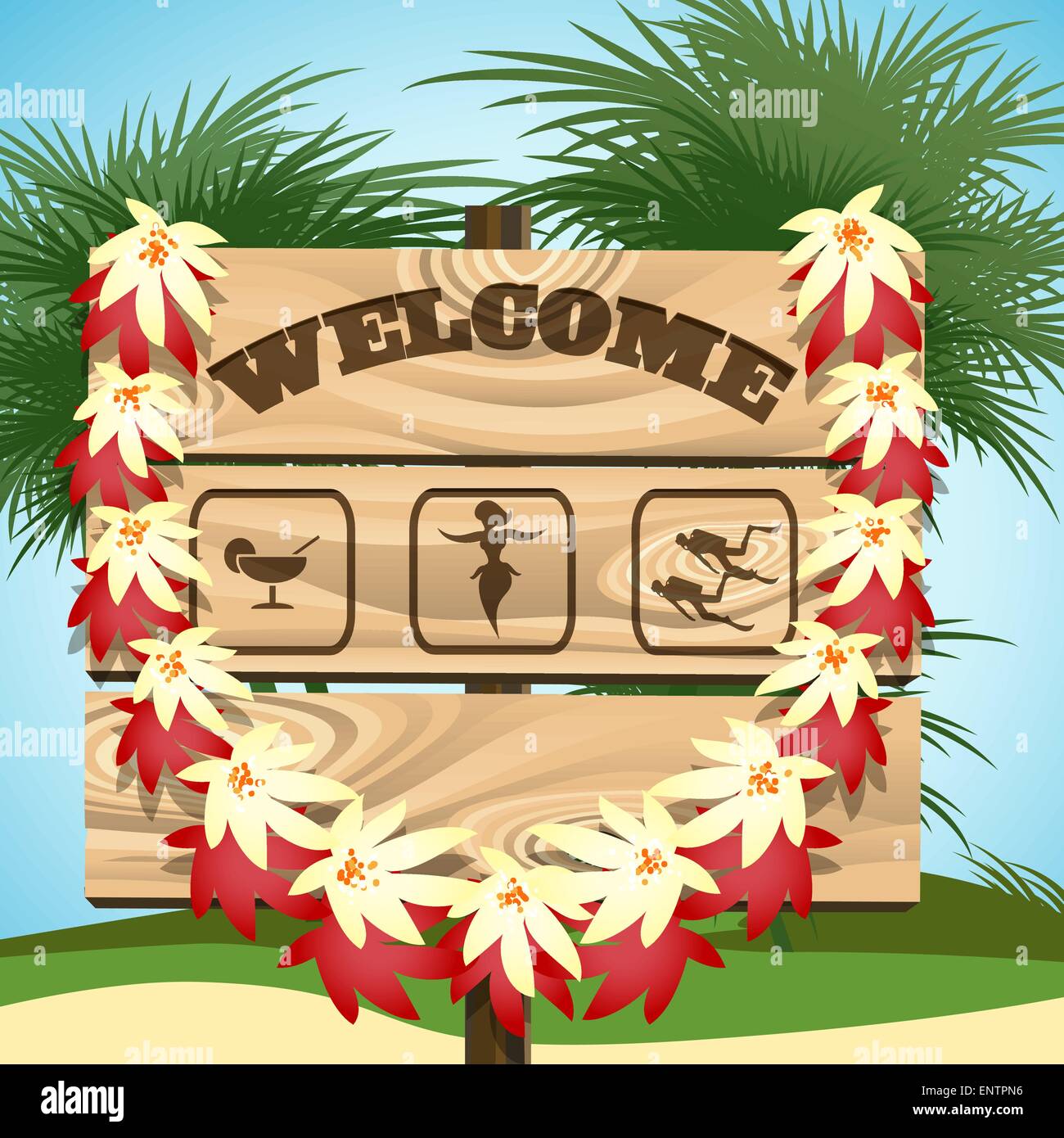 Wooden sign with wording Welcome and emblem of exotic dances, drink bar ...