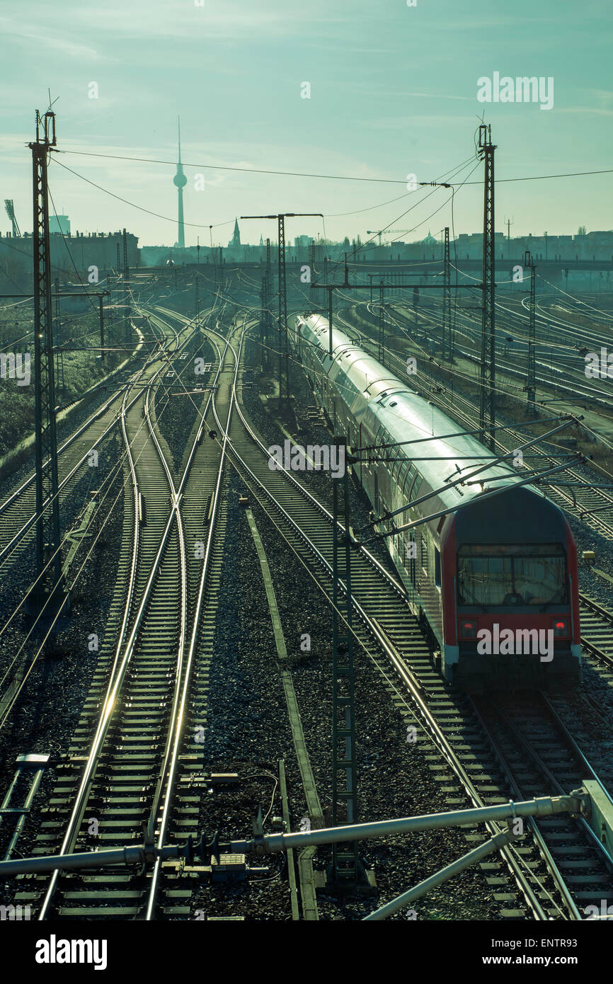 train moving by complicated railway system in Berlin Stock Photo - Alamy