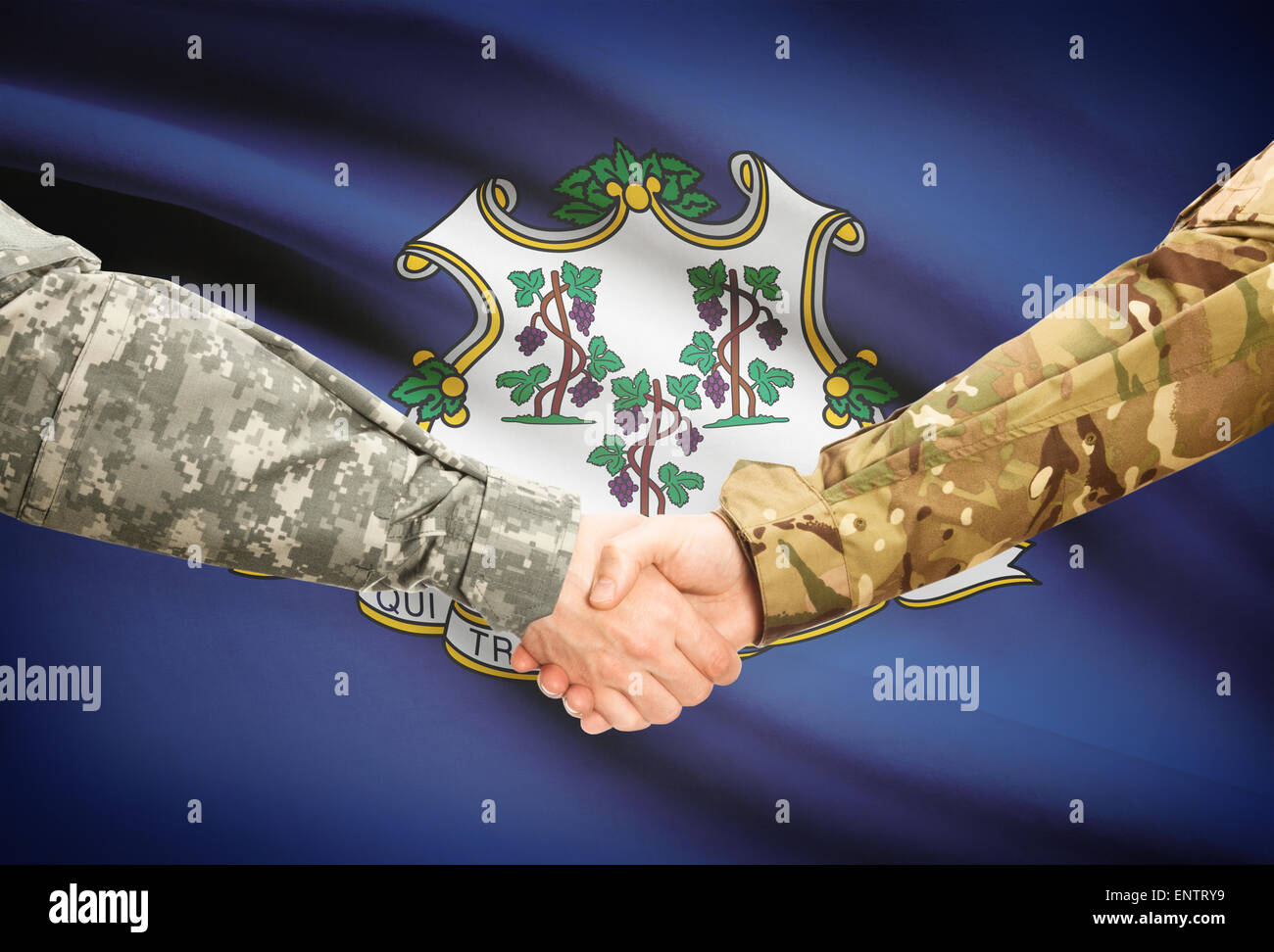 Soldiers handshake and US state flag - Connecticut Stock Photo - Alamy