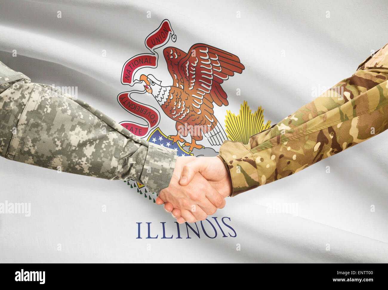 Soldiers handshake and US state flag - Illinois Stock Photo - Alamy