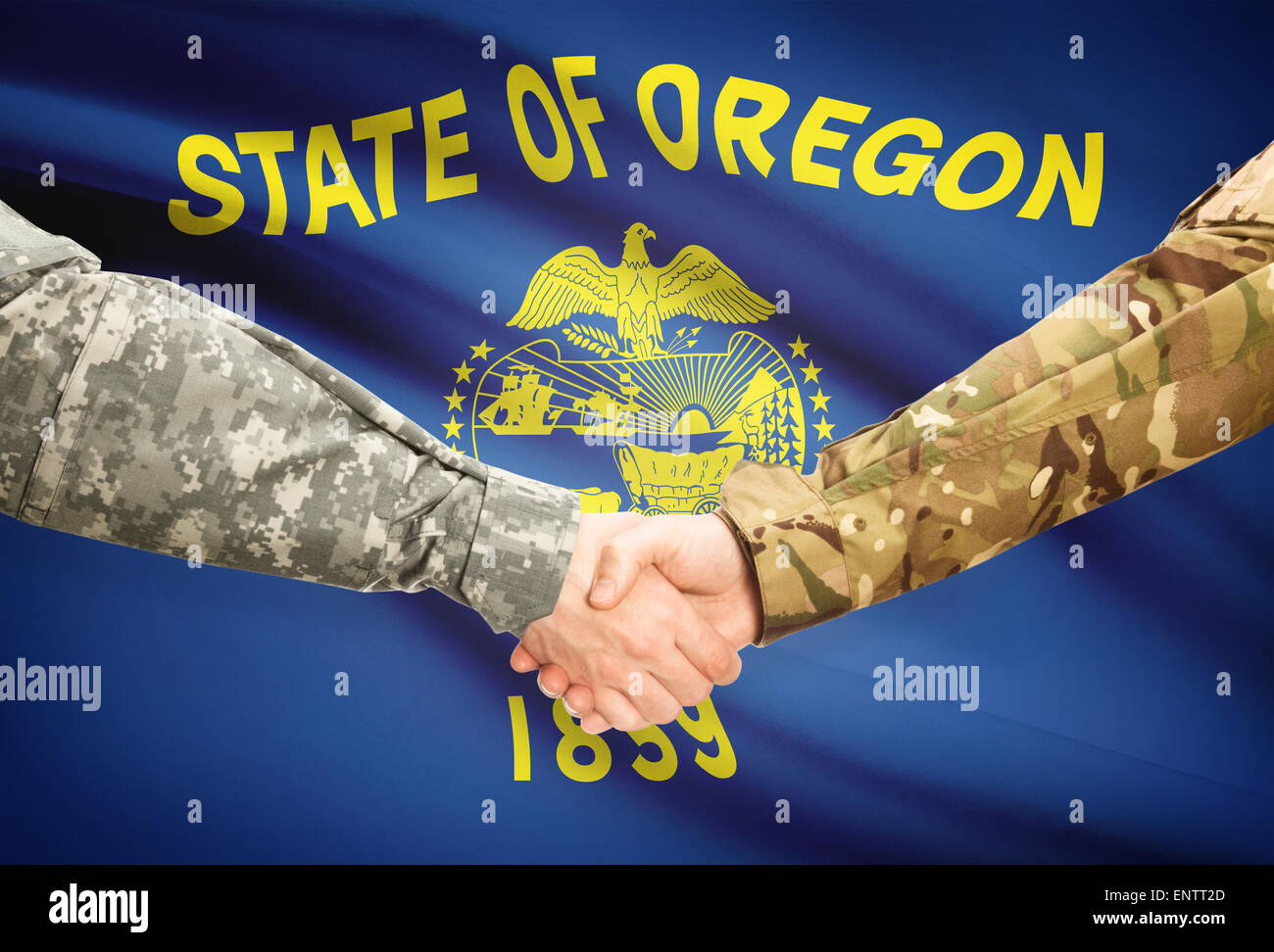 Soldiers handshake and US state flag - Oregon Stock Photo - Alamy