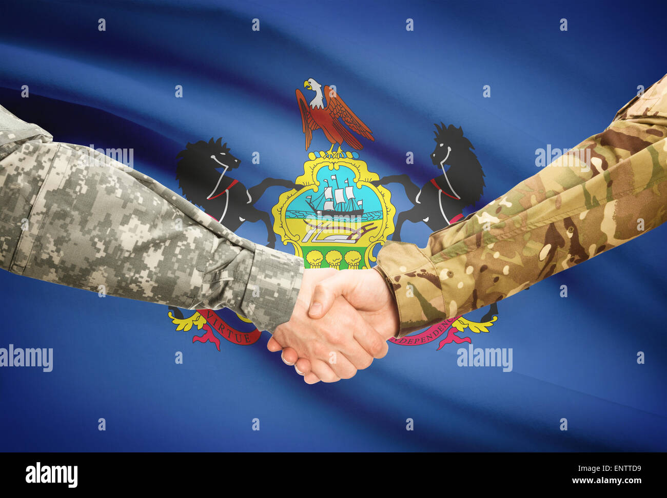 Soldiers handshake and US state flag - Pennsylvania Stock Photo - Alamy