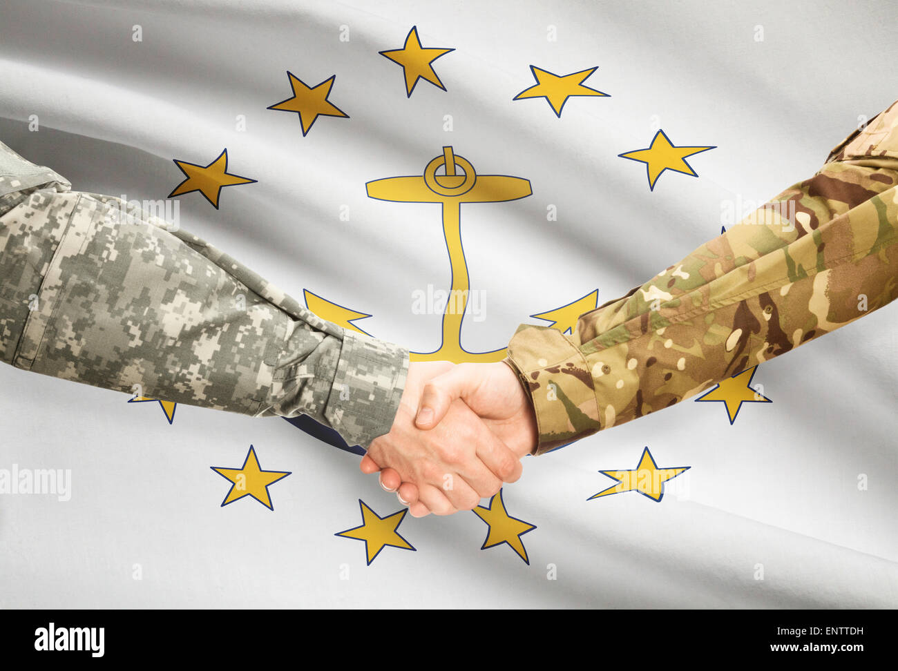 Soldiers handshake and US state flag - Rhode Island Stock Photo - Alamy