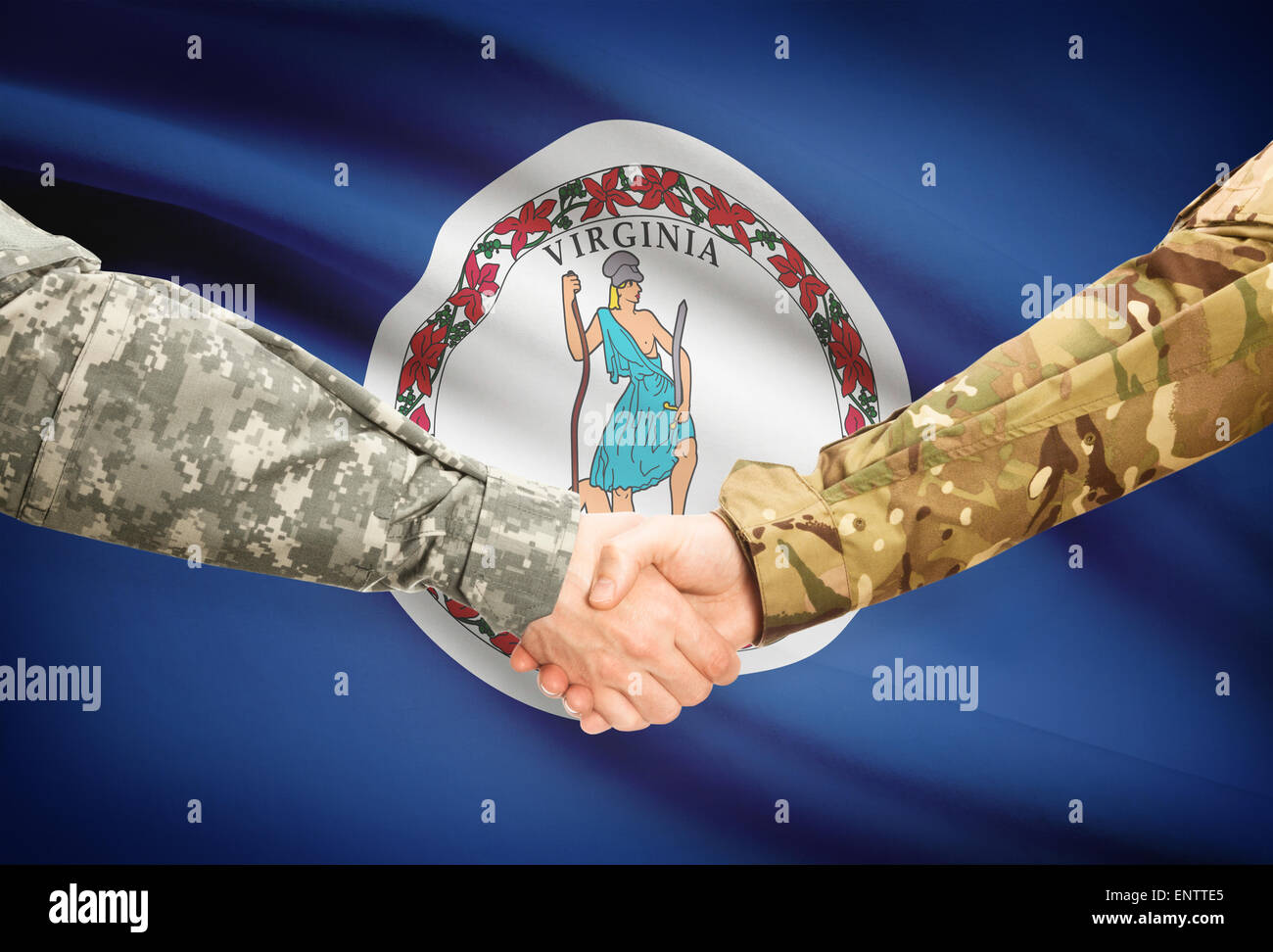Soldiers handshake and US state flag - Virginia Stock Photo - Alamy