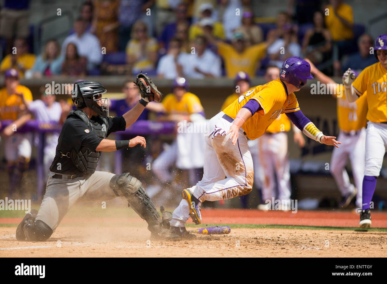 Innings. 10th May, 2015. LSU Tigers catcher Kade Scivicque (22) slides ...