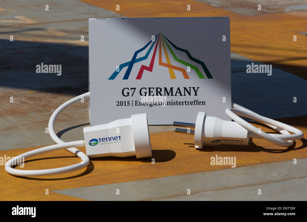 Helgoland, Germany. 11th May, 2015. A token power plug has been ...